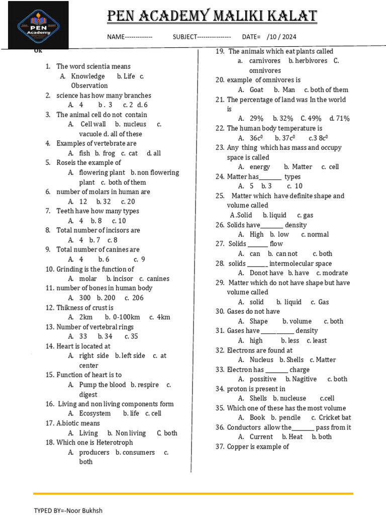 Mcqs For Class 4th General Science PDF Force Sun