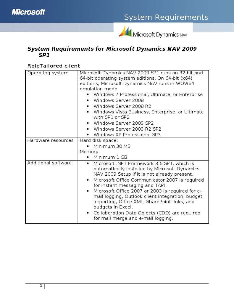NAV 2009 SP1 System Requirements | PDF