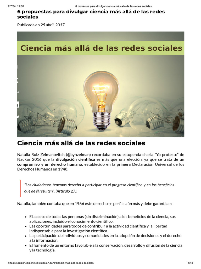 6 Proyectos para Divulgar Ciencia Más Allá de Las Redes Sociales | PDF ...