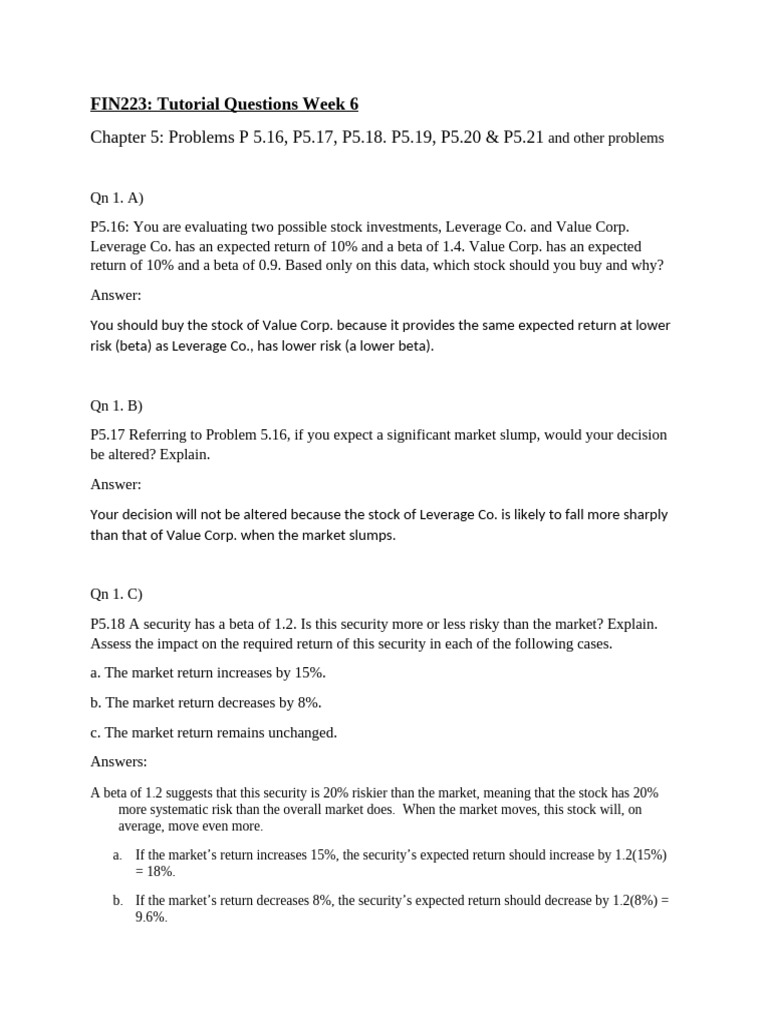 Tutorial Week 6 Q and A (3) | PDF | Beta (Finance) | Dividend
