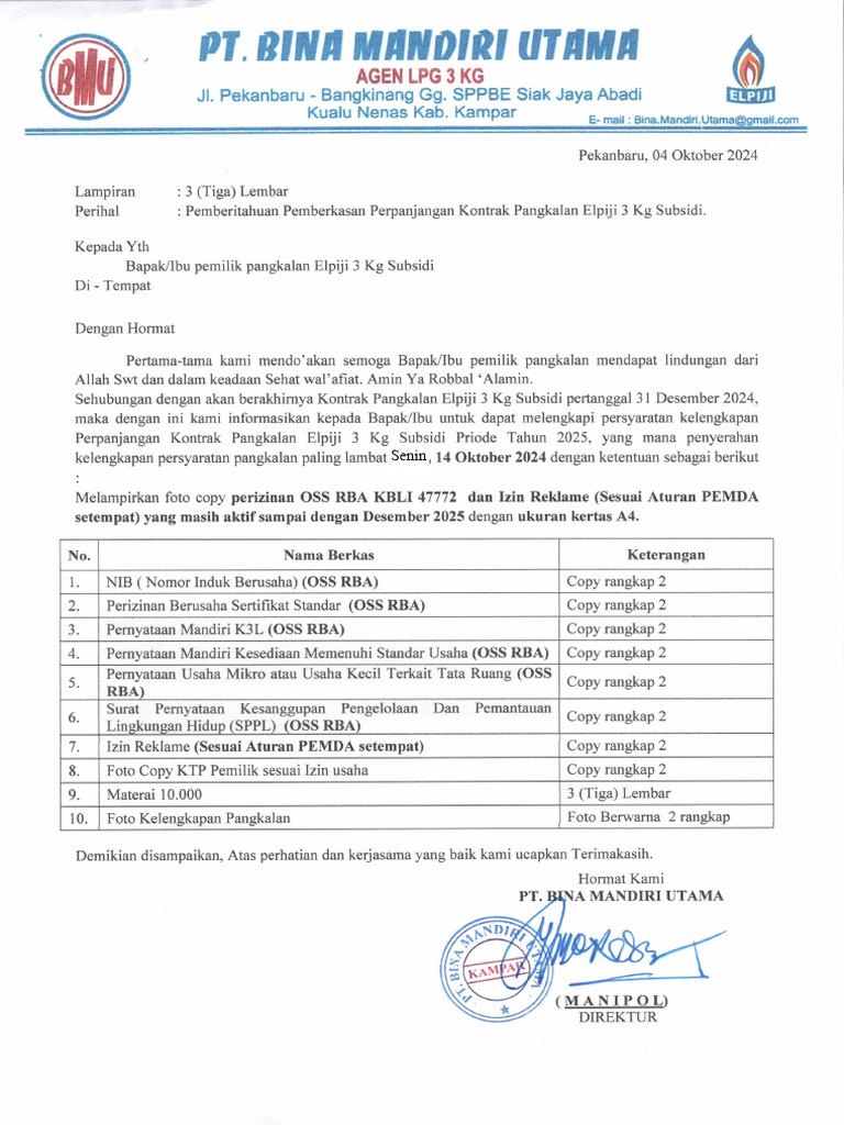 Surat Pemberitahuan Pengumpulan Berkas PT Bmu | PDF
