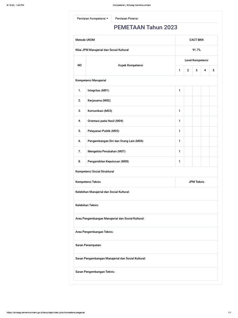 Penilaian Kompetensi Simpeg Kemenkumham | PDF
