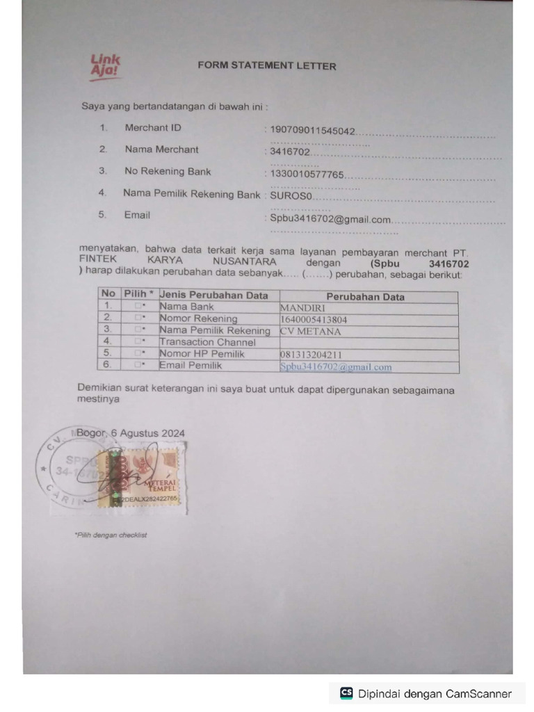 Form Perubahan Data Link Aja Spbu 3416702 | PDF