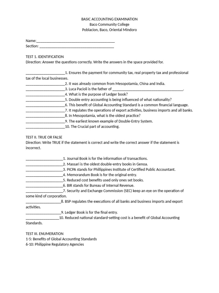 BASIC ACCOUNTING EXAMINATION Part 1 | PDF