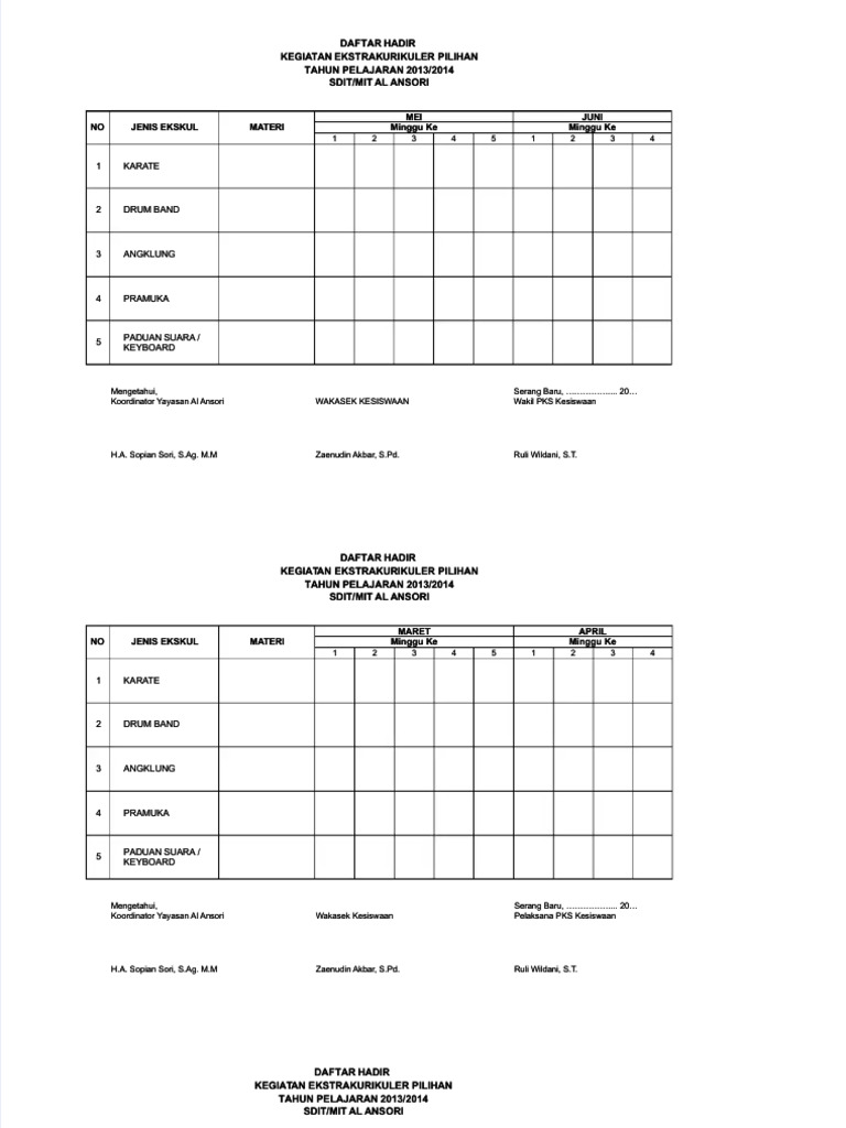 Daftar Hadir Ekstrakurikuler | PDF
