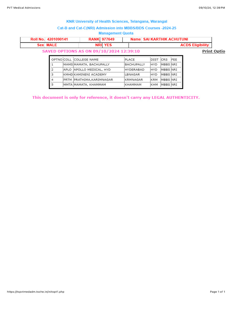 PVT Medical Admissions-KARTIK | PDF