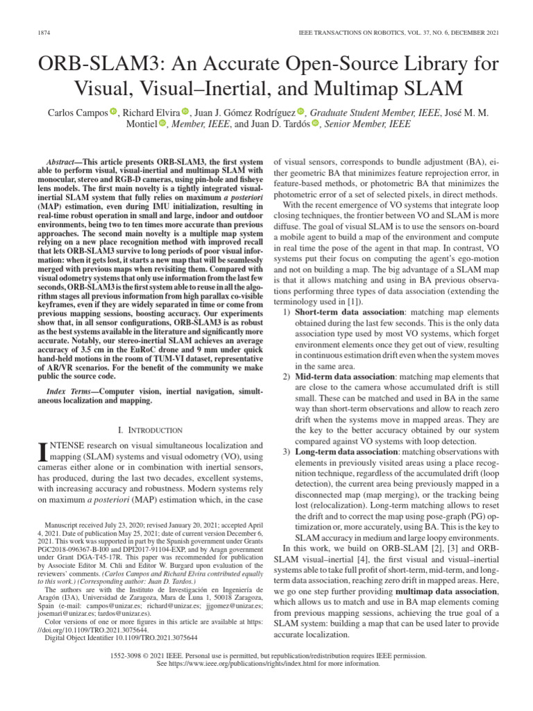 ORB-SLAM3 An Accurate Open-Source Library For Visual VisualInertial and Multimap SLAM | PDF ...