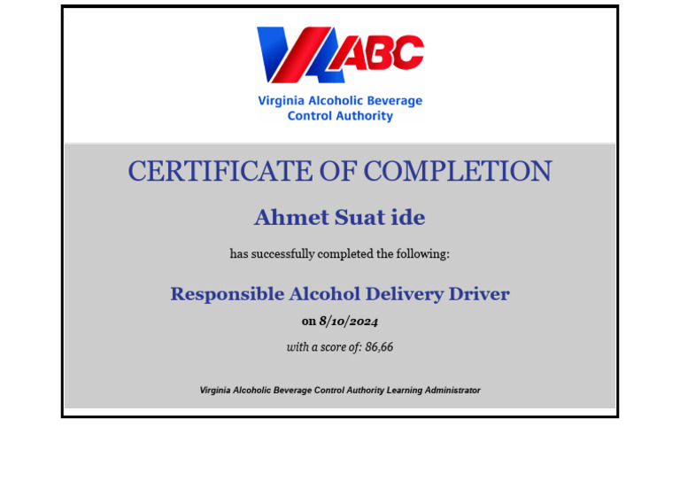 Virginia Alcohol Delivery Certificate | PDF