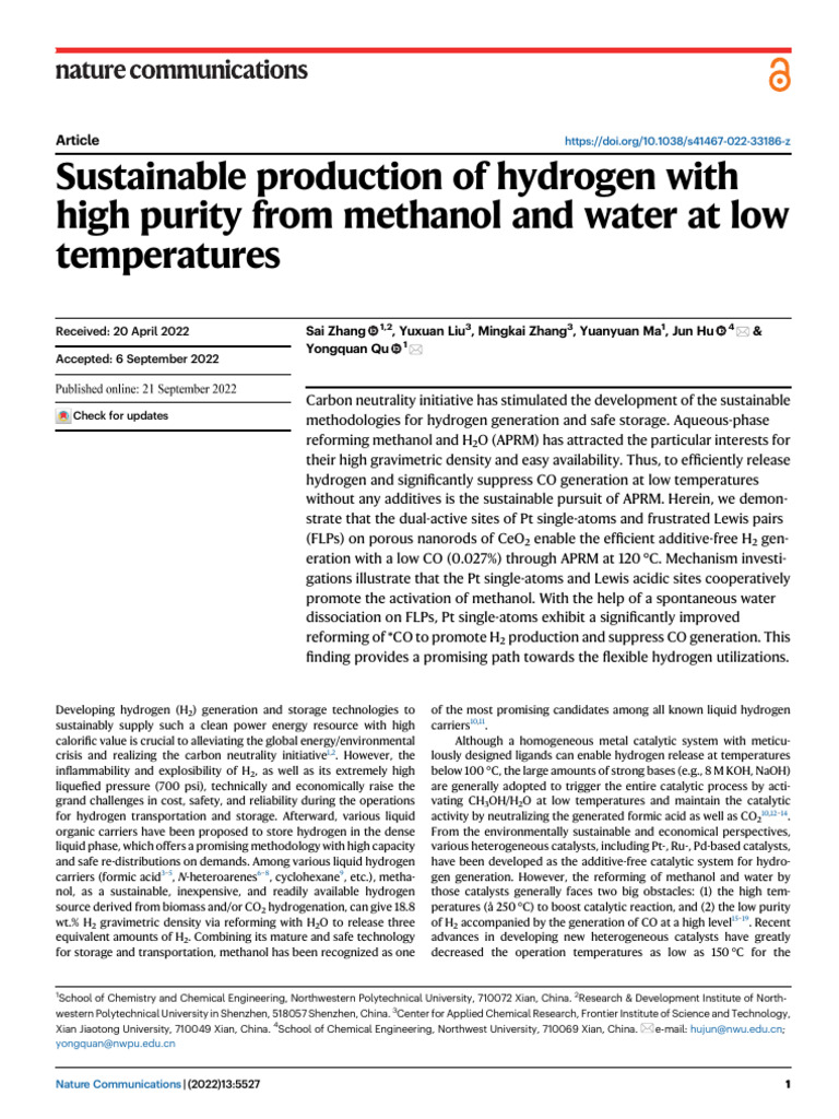 Sustainable Production of Hydrogen With High Purity From Methanol and ...