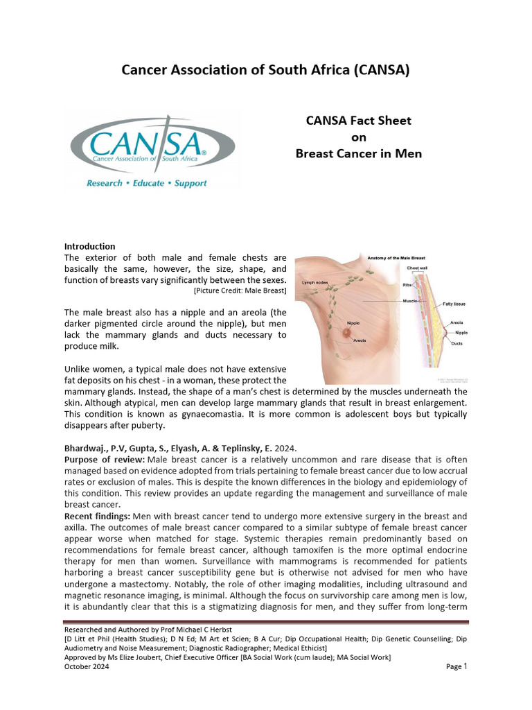 CANSA-MALE BREAST CANCER Fact Sheet - October 2024 | PDF | Biopsy ...