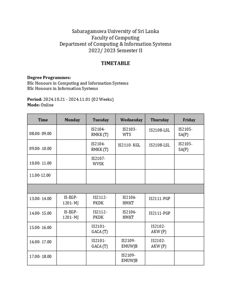 TIMETABLE_CIS IS Semester II_2022-2023 Online | PDF | Information Technology | Engineering