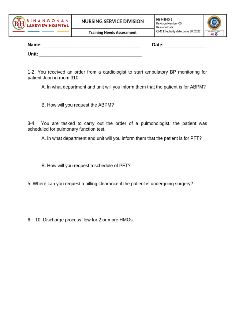 Tna BLH Services and Organizational Chart | PDF | Patient | Nursing