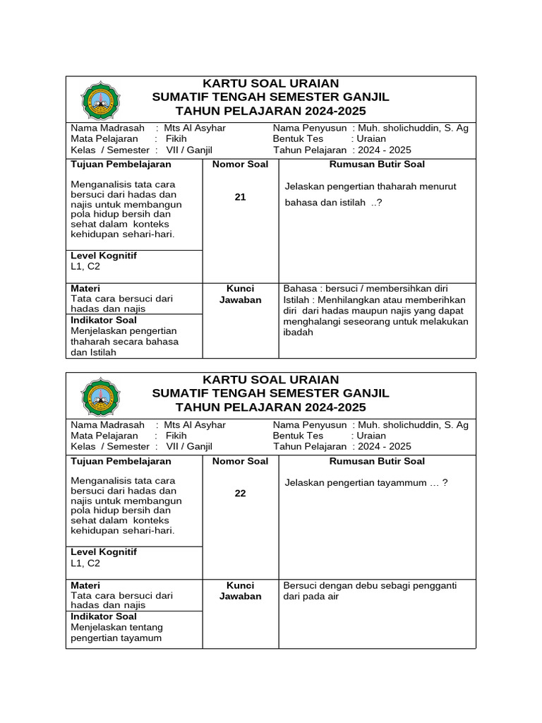 Kartu Soal Uraian | PDF | Karier & Perkembangan