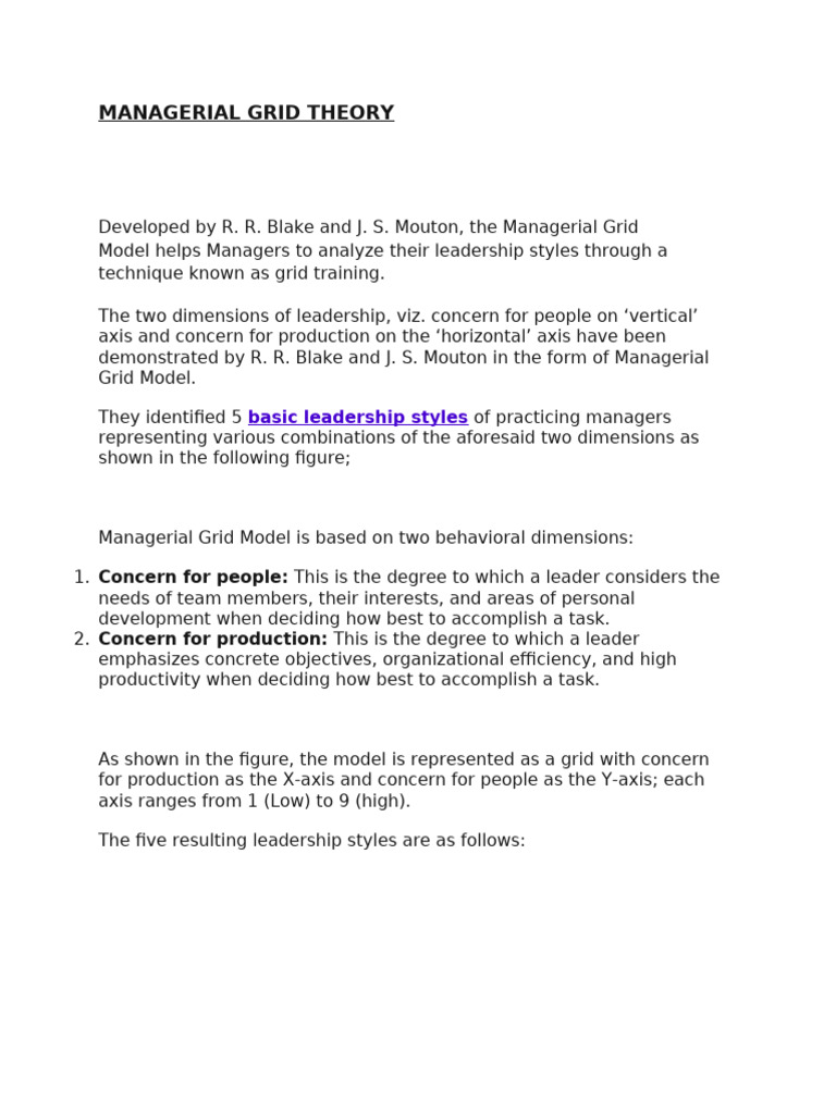 Blake and Mouton's Managerial Grid Model | PDF | Leadership | Motivational