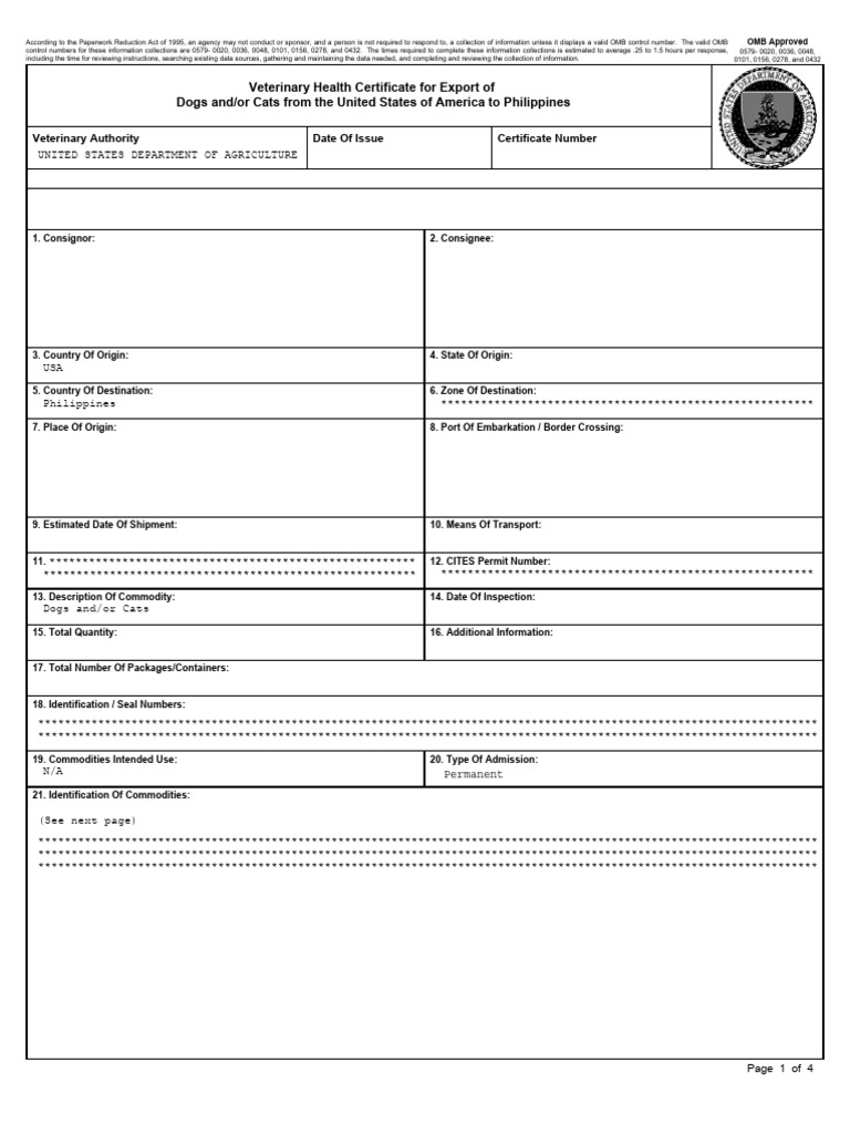 USDA Pet Export Certificate to Philippines | PDF | Vaccines | Animals ...