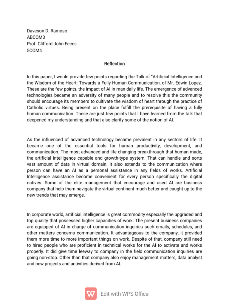 Reflection Paper " Artificial Intelligence and The Wisdom of The Heart: Toward A Fully Human ...