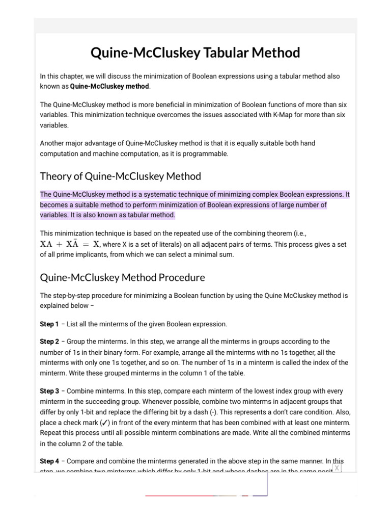 Quine-McCluskey Tabular Method | PDF | Boolean Algebra | Teaching Mathematics