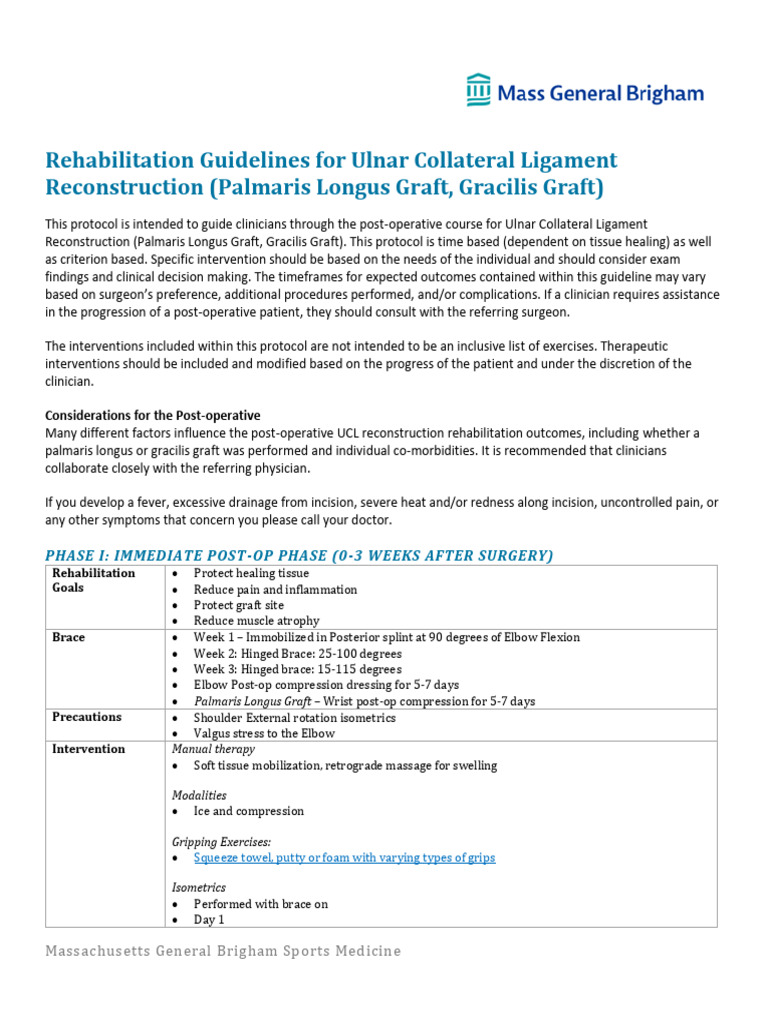 Rehabilitation Guidelines For Ulnar Collateral Ligament Reconstruction (Palmaris Longus Graft ...