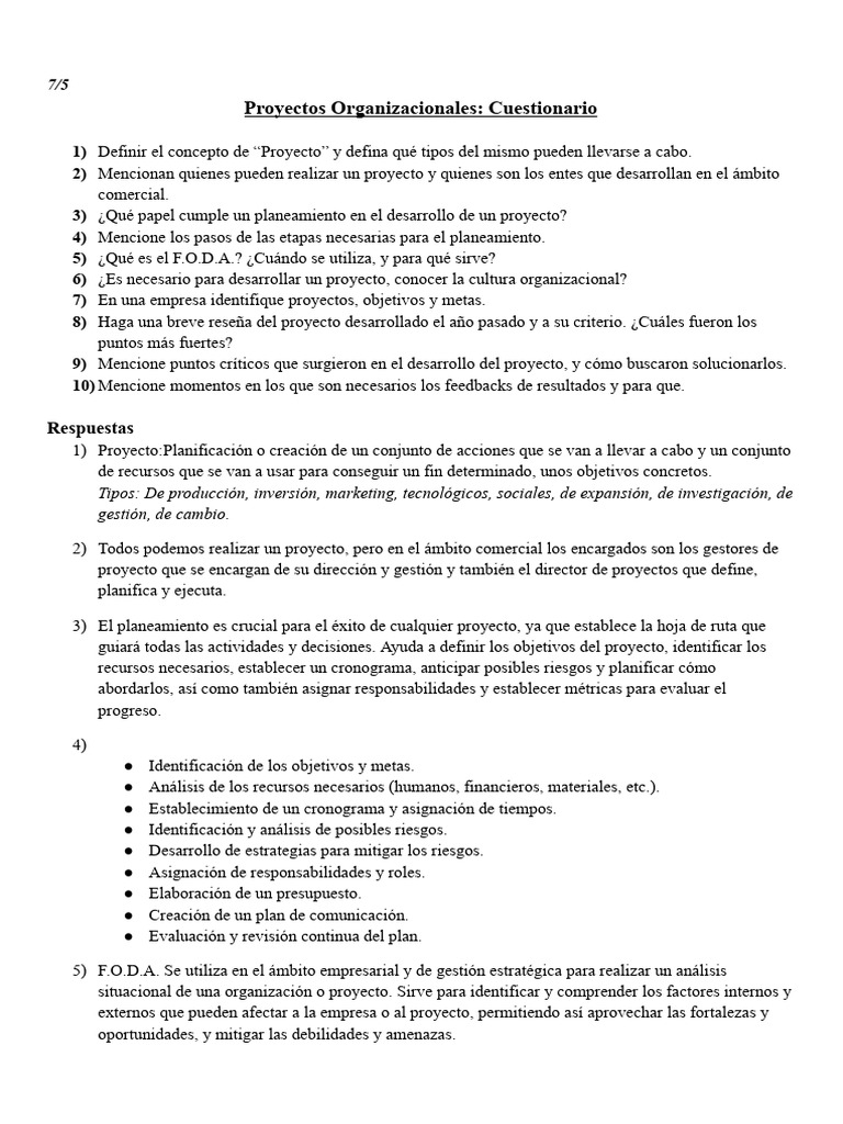 Cuestionario Proyecto | PDF | Planificación | Business