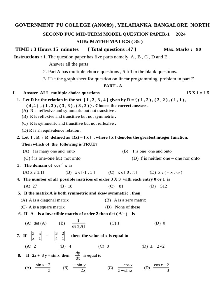 An MID TERM Model Papers 2024 | PDF | Mathematical Physics | Mathematical Objects