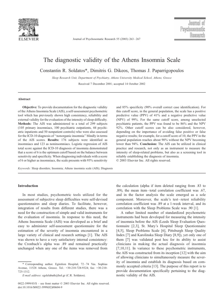 The Diagnostic Validity of The Athens Insomnia Scale | PDF | Insomnia | Psychiatry
