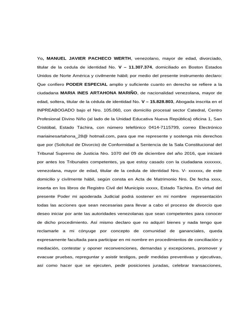 Poder Especial Divorcio Por Desafecto | PDF | Divorcio | Documento de identidad