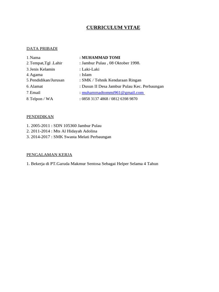Lamaran Kerja Dan CV Muhammad Tomi | PDF