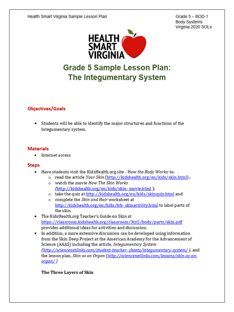 Grade 5 Integumentary System Lesson Plan | PDF | Skin | Epidermis