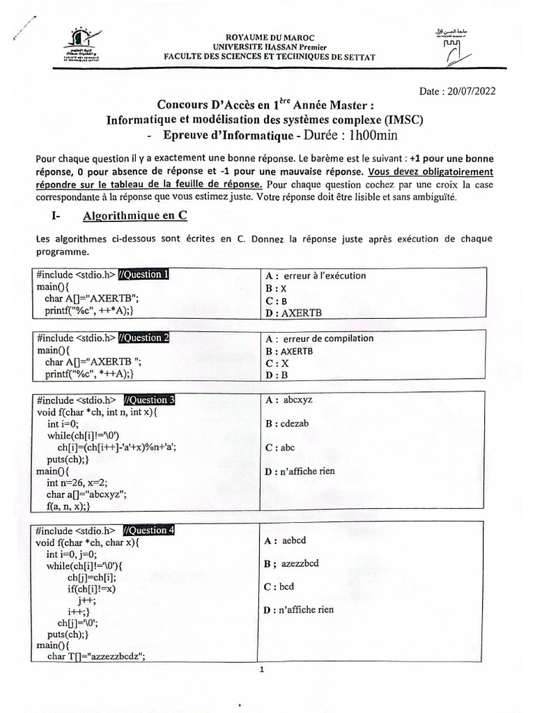 Concours IMSC FST Settat 2022 | PDF