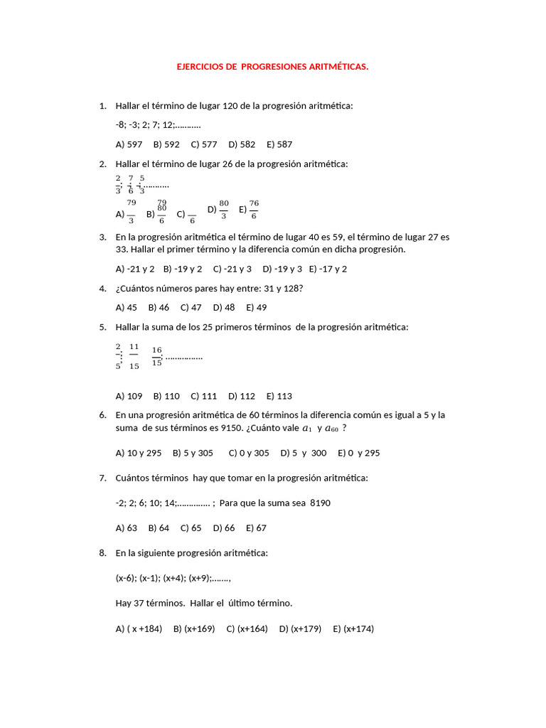 Ejercicios de Progresiones Aritméticas | PDF | Métodos y materiales de enseñanza