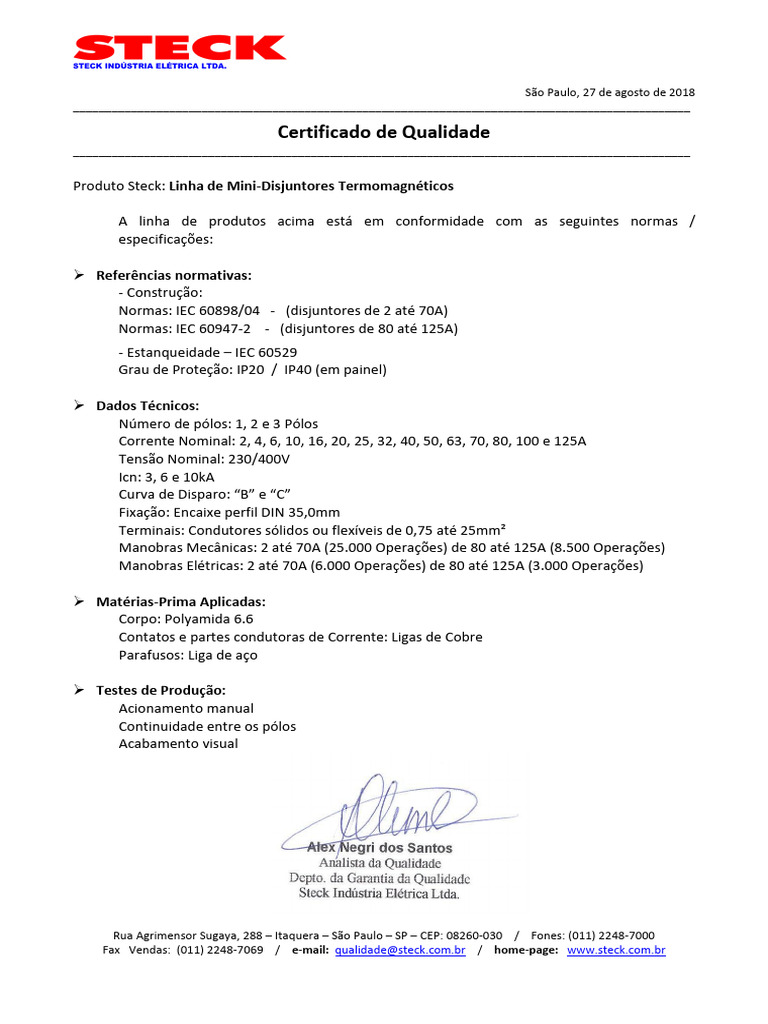 Certificado de Qualidade - Disjuntores | PDF