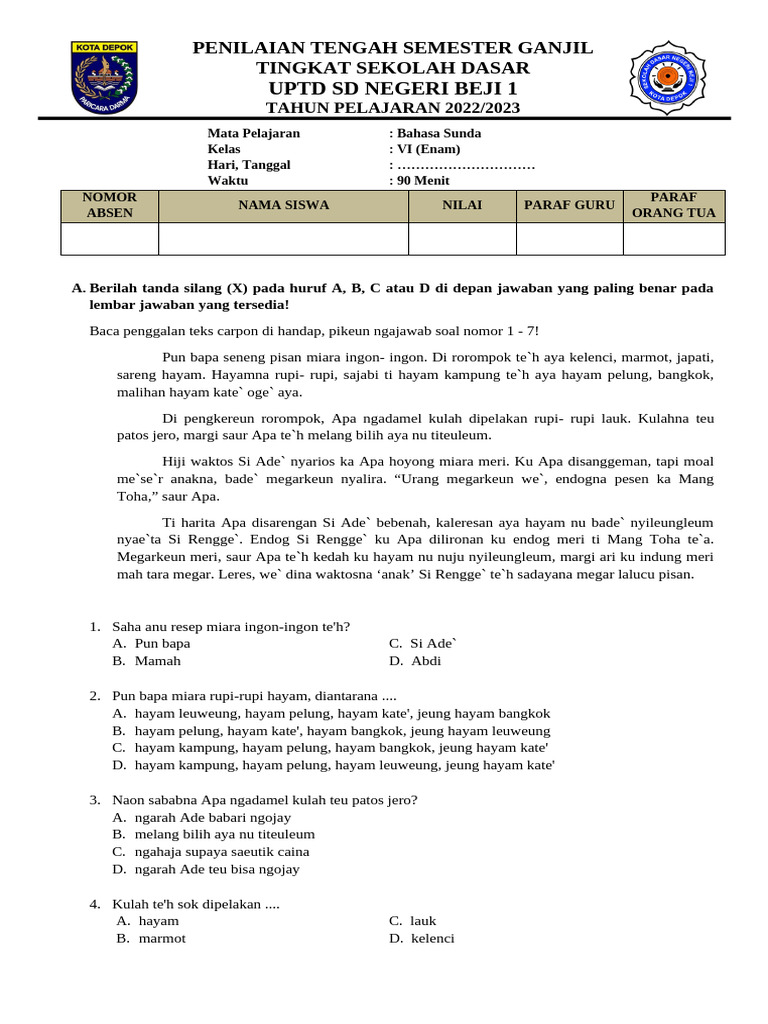 Soal PTS Ganjil Bahasa Sunda | PDF