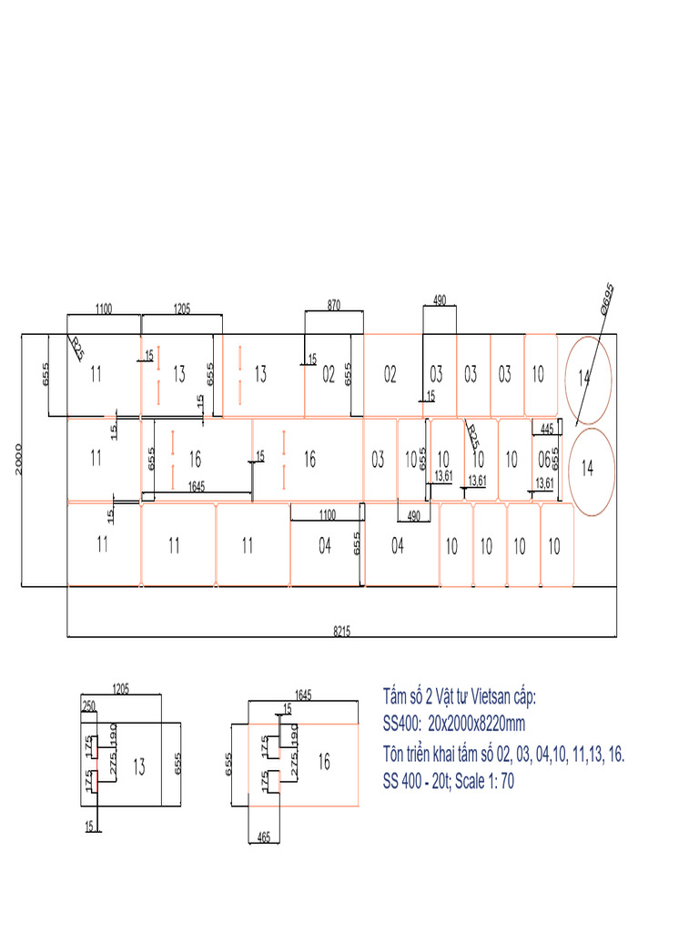 Tấm số 2 Vật tư Vietsan cấp: SS400: 20x2000x8220mm Tôn triển khai tấm số 02, 03, 04,10, 11,13 ...