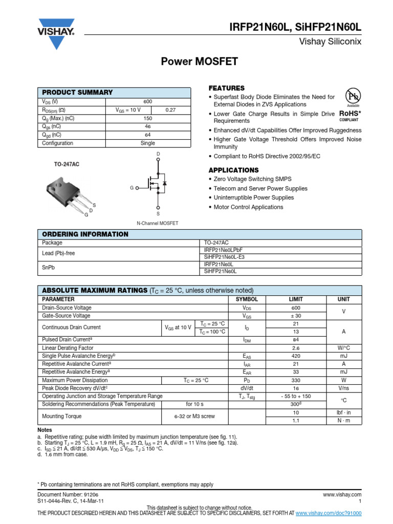 Irfp21N60L, Sihfp21N60L: Vishay Siliconix | PDF | Diode | Electrical ...