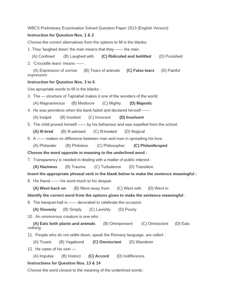 Wbcs Prelims 2013 Pdf