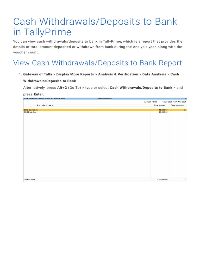 Cash Withdrawals/Deposits in TallyPrime | PDF | Banks | Cash