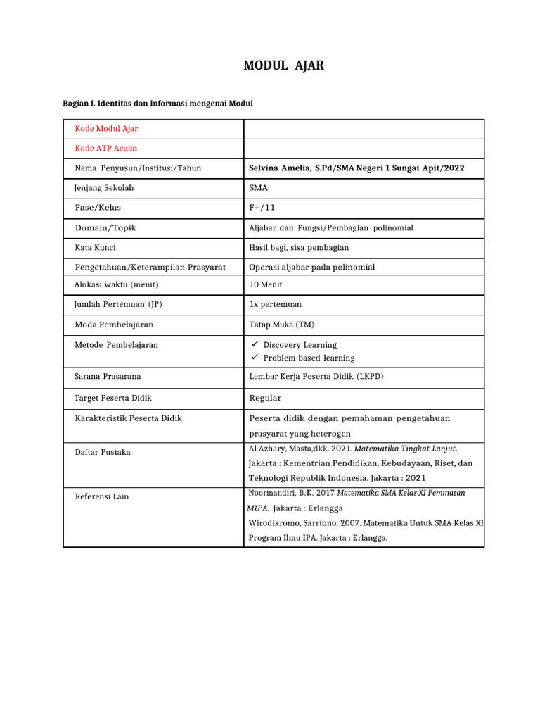 Modul Ajar Polinomial | PDF | Seni & Disiplin Bahasa