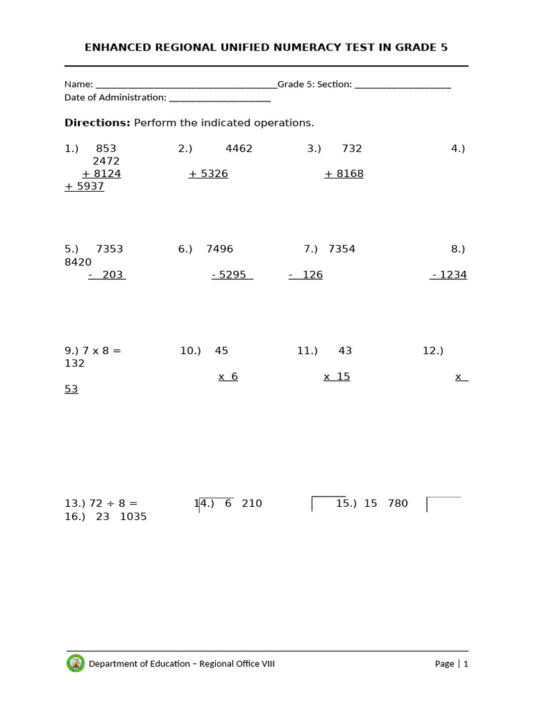 GRADE 5 Final ERUNT Pretest | PDF