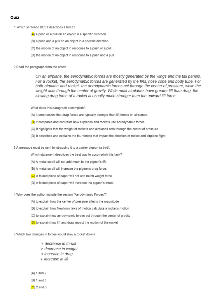 Four Forces on a Rocket Quiz | PDF | Force | Lift (Force)