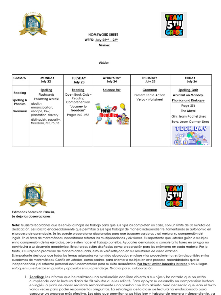 Homework Sheet #2 - 5th Grade - 22nd - 26th July | PDF | Cognición ...