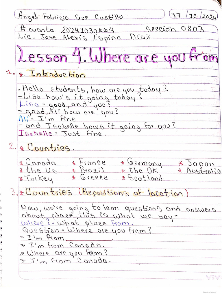 TOMA DE NOTAS 4 INGLES Where Are You From UNAH | PDF
