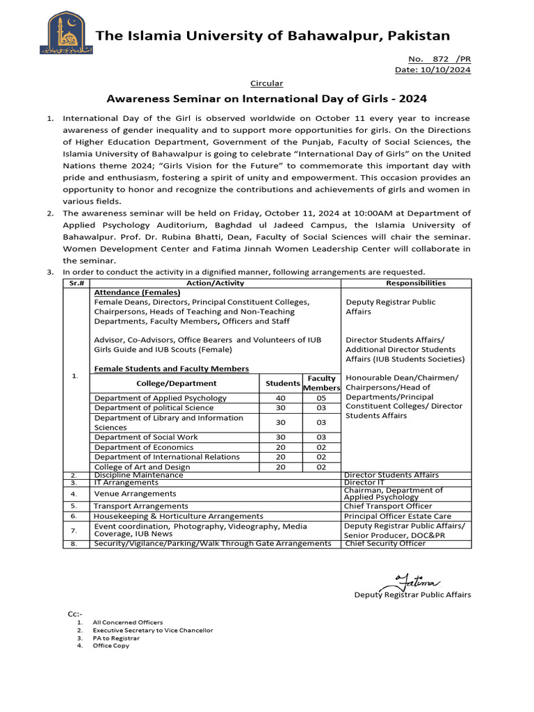 Awareness Seminar on International Day of Girls - 2024 | PDF