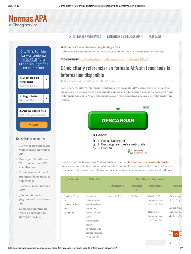 Cómo Citar y Referenciar en Formato APA Sin Tener Toda La Información Disponible | PDF | Estilo ...