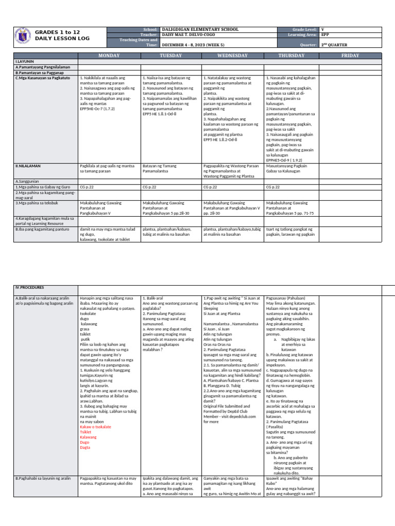 DLL - Epp 5 - Q2 - W5 | PDF