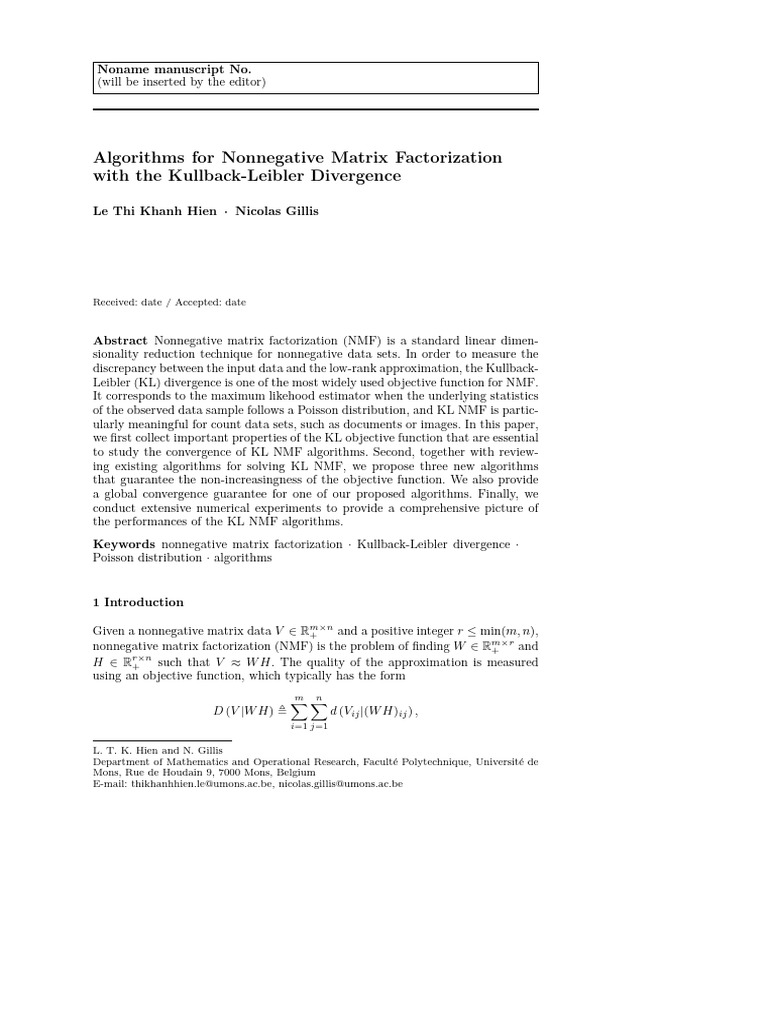 Algorithms For Nonnegative Matrix Factorization With The Kullback ...