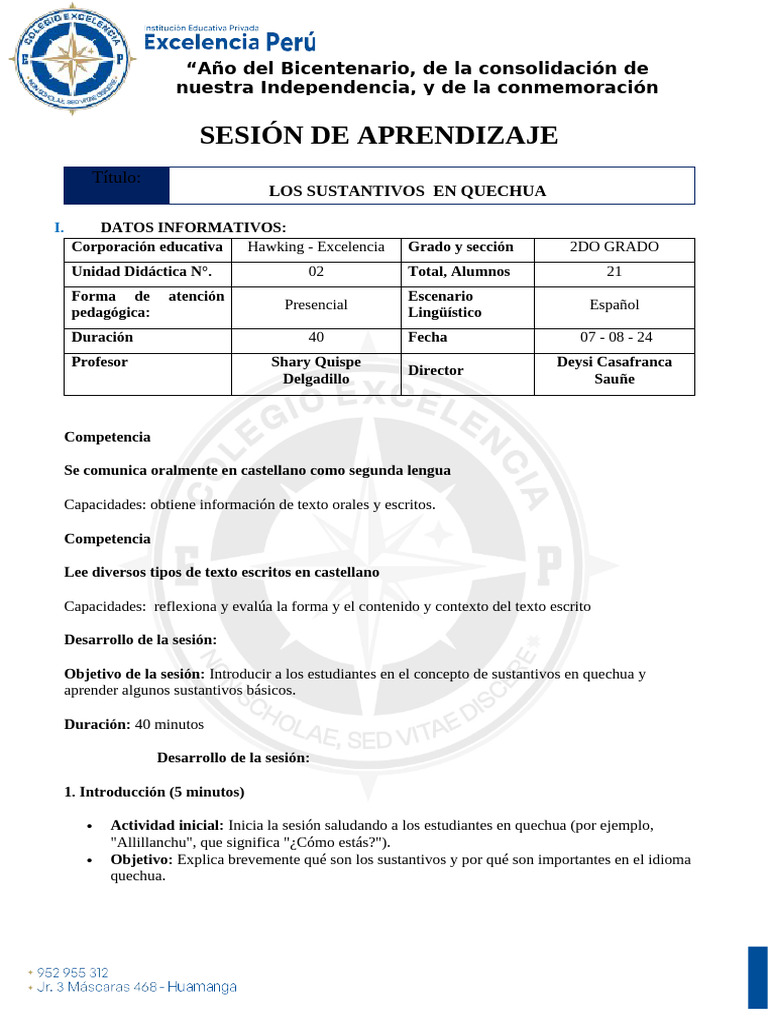 SESION DE SUSTANTIVOS EN QUECHUA | PDF | Lengua española | Aprendizaje