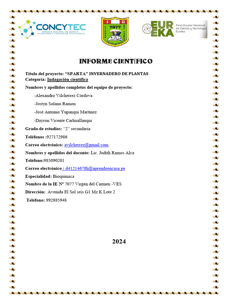 Informe Cientifico Sparta - 2do Año | PDF | Riego | Invernadero