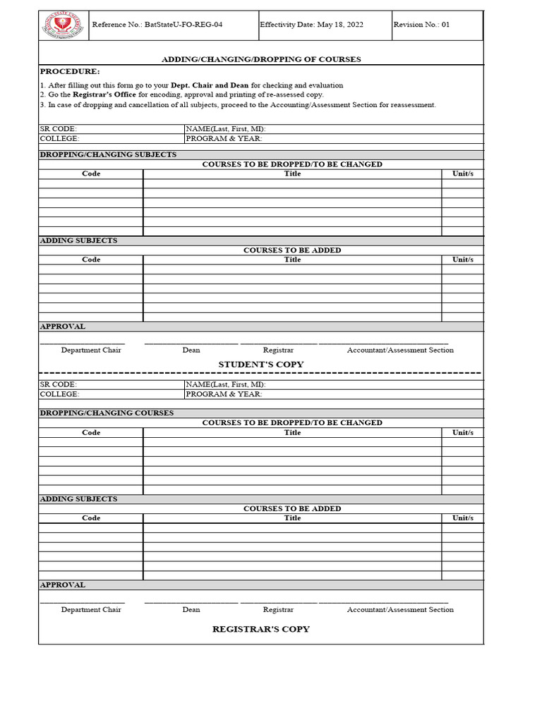 BatStateU-FO-REG-04 - Adding, Changing, Dropping of Courses Form - Rev. 01 | PDF