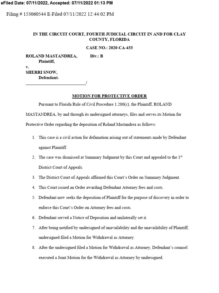 MOTION FOR PROTECTIVE ORDER | PDF | Deposition (Law) | Discovery (Law)