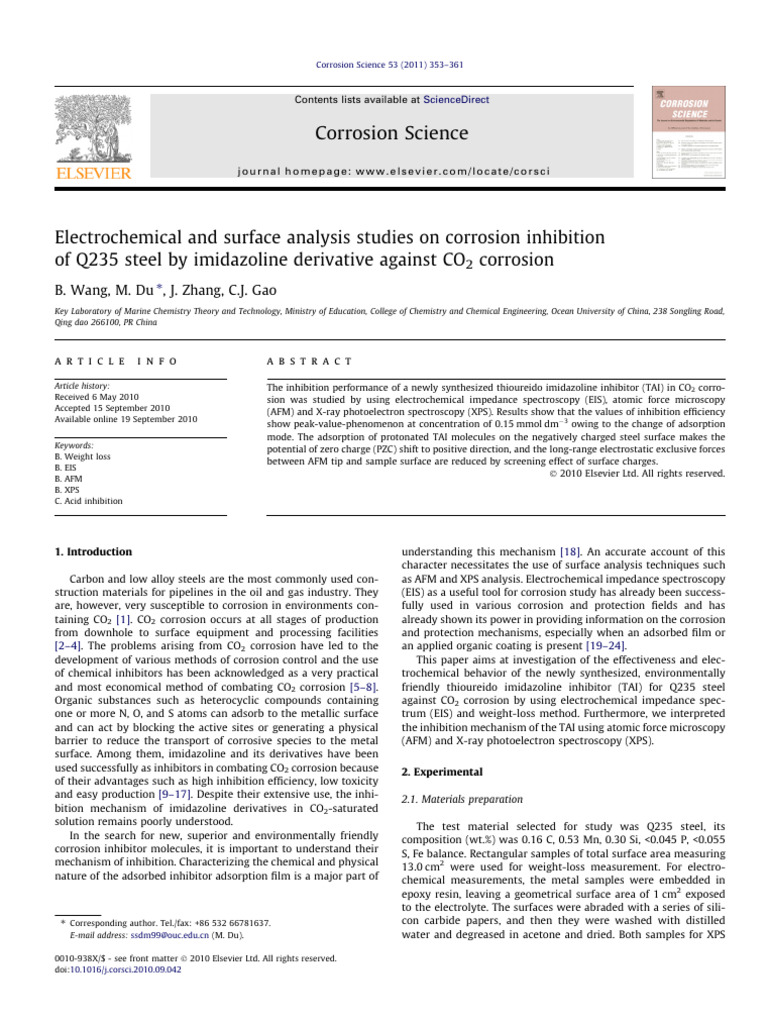 Electrochemical and surface analysis studies on corrosion inhibition of Q235 steel by ...